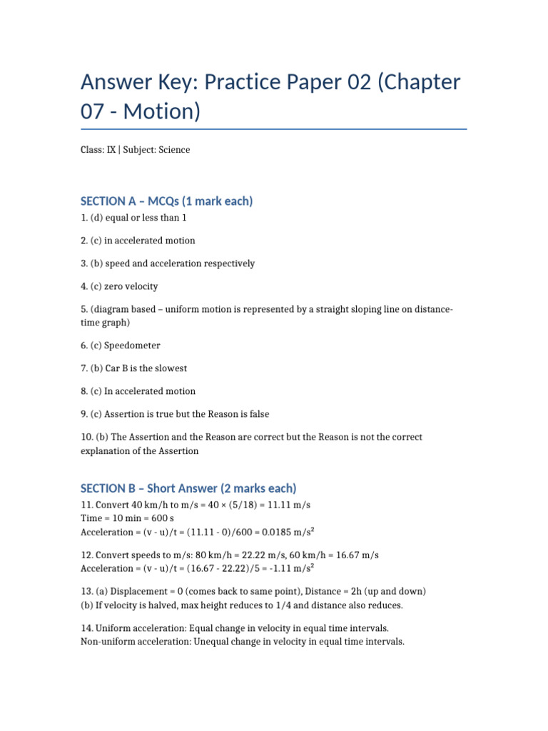 Class 9 Motion Practice Paper Answers | PDF | Acceleration | Velocity