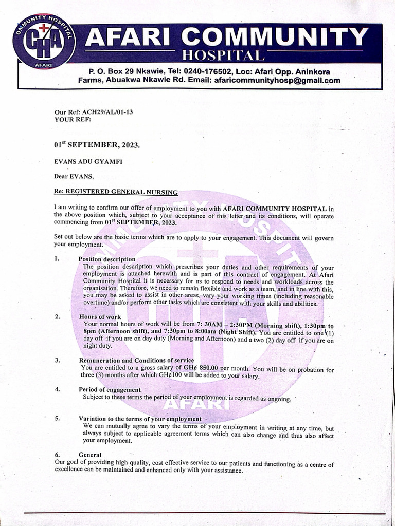 Afari Community Hospital Employment Offer | PDF | Labor | Business