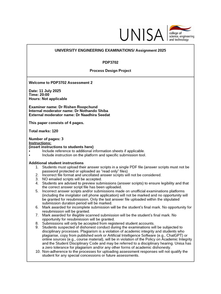 Unisa Assessment Question Sheet | PDF | Methanol | Gasification