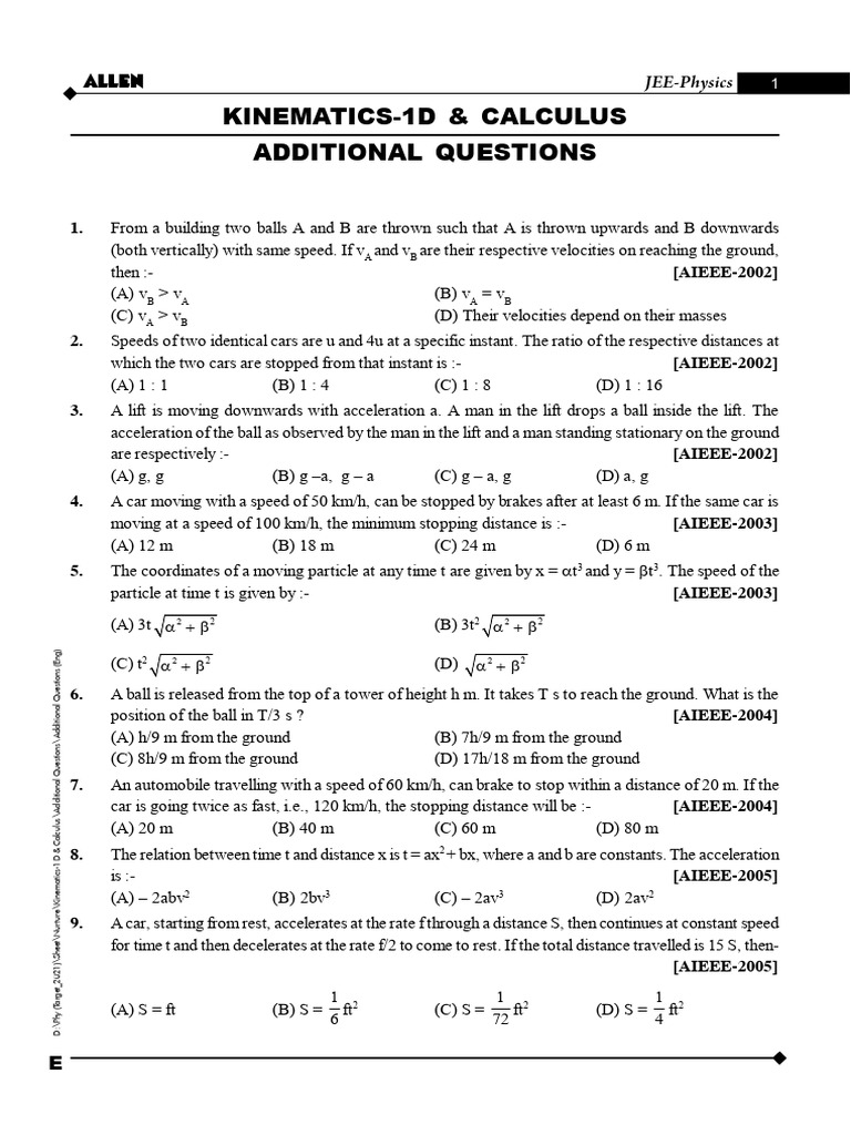 Kinematics 1D Questions for JEE Prep | PDF | Acceleration | Lift (Force)