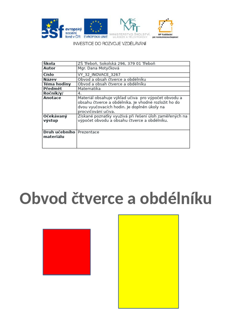 VY 32 INOVACE 3267 Obvod A Obsah Čtverce A Obdélníku | PDF