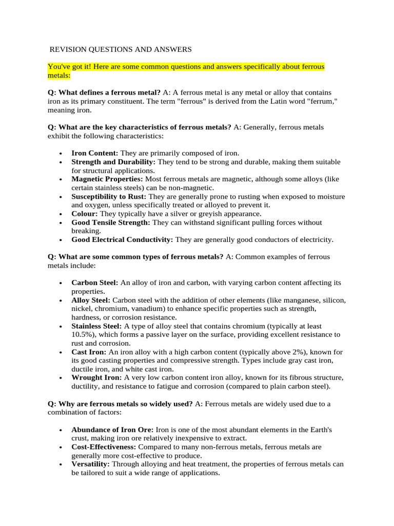 Revision Questions and Answers | PDF | Metals | Steel