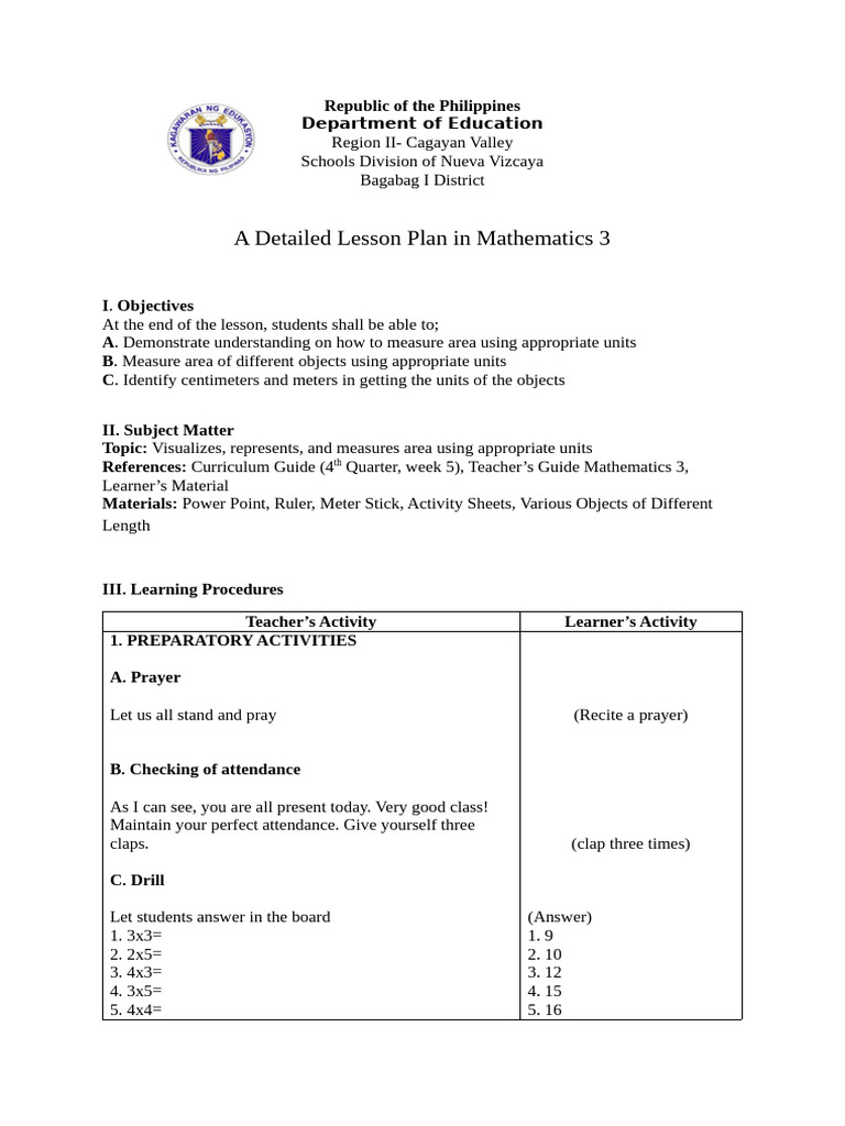 A Detailed Lesson Plan in Mathematics 3 | PDF | Lesson Plan | Learning