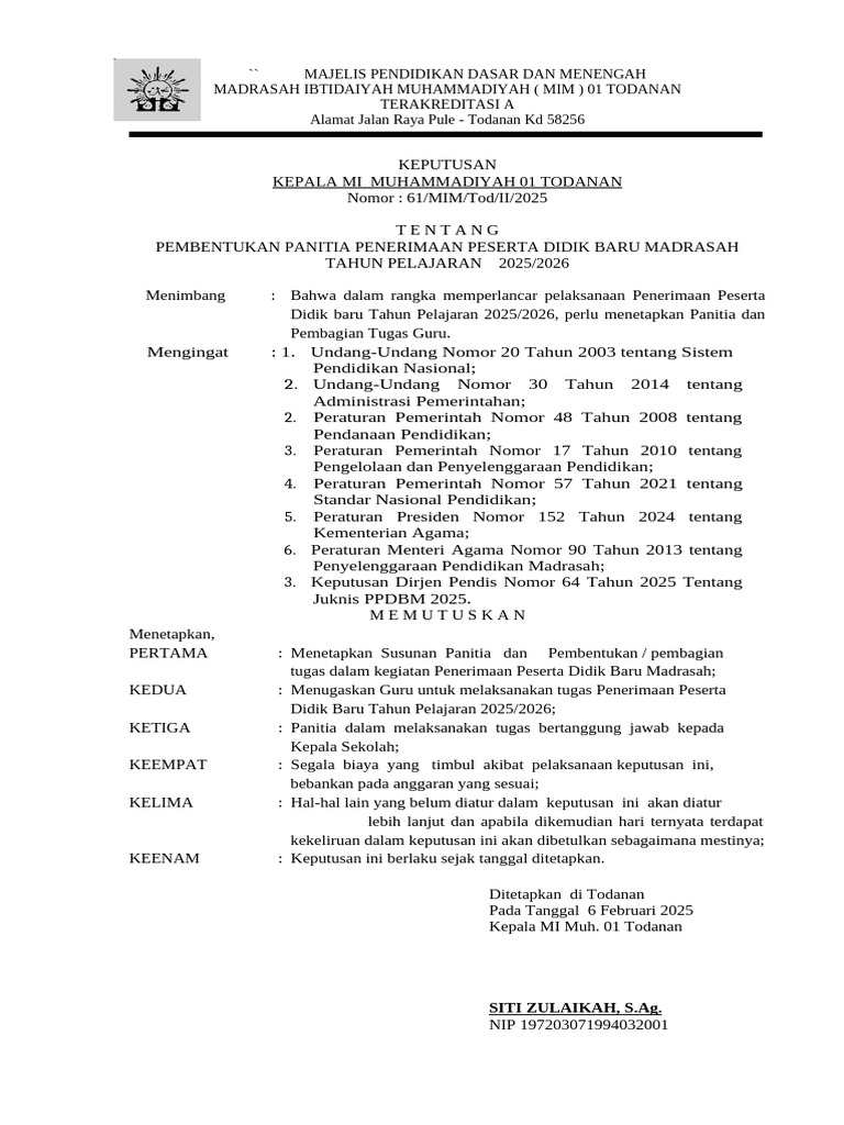 Pembentukan Panitia PPDB MI 2025/2026 | PDF