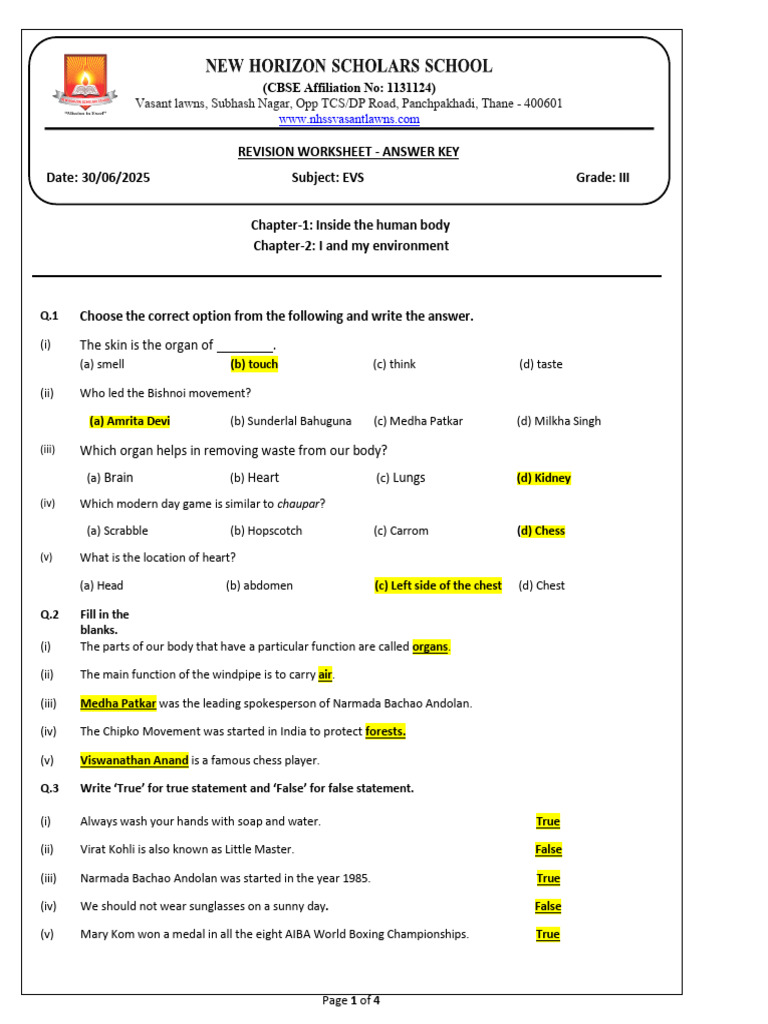 NHSSVL Grade3 PA1 EVS Revision Sheet Answer Key 2025 - 26 1 | PDF ...