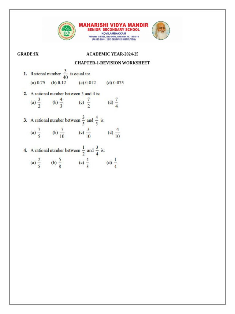 GR 9 Math CH 1 Revision Worksheet 1 | PDF