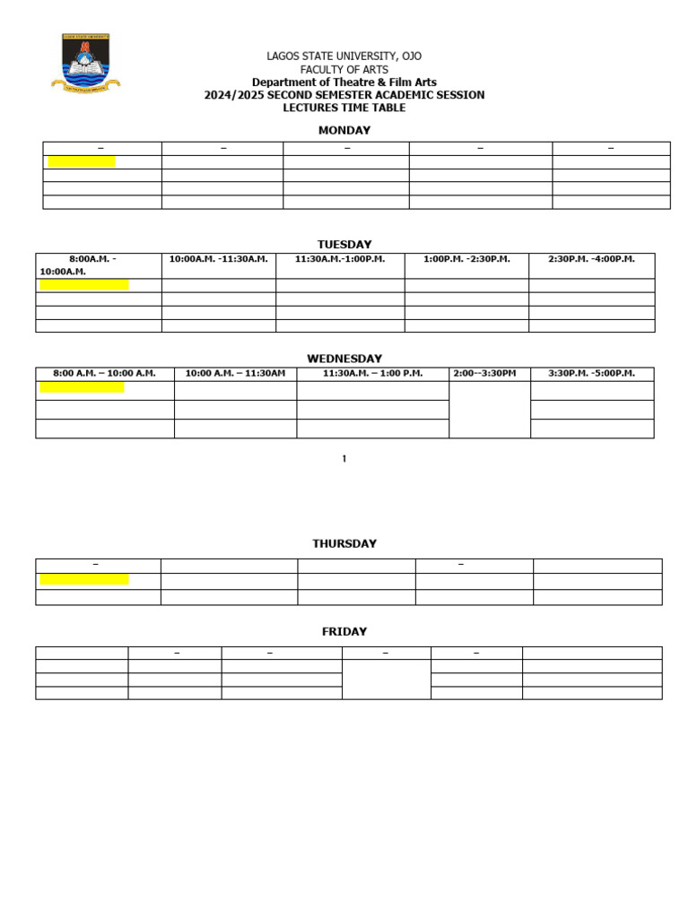 LASU Theatre & Film Arts Timetable 2024 | PDF