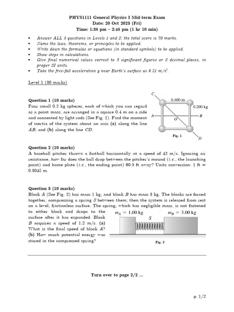 PHYS1111 Mid-term Exam Questions | PDF | Mass | Friction