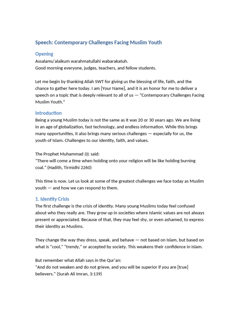 Contemporary Challenges Facing Muslim Youth Speech | PDF | Hadith | Quran