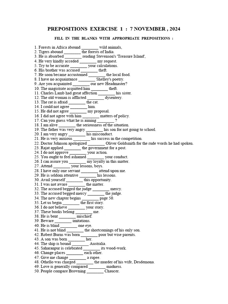 Prepositions Practice Exercise 1 | PDF