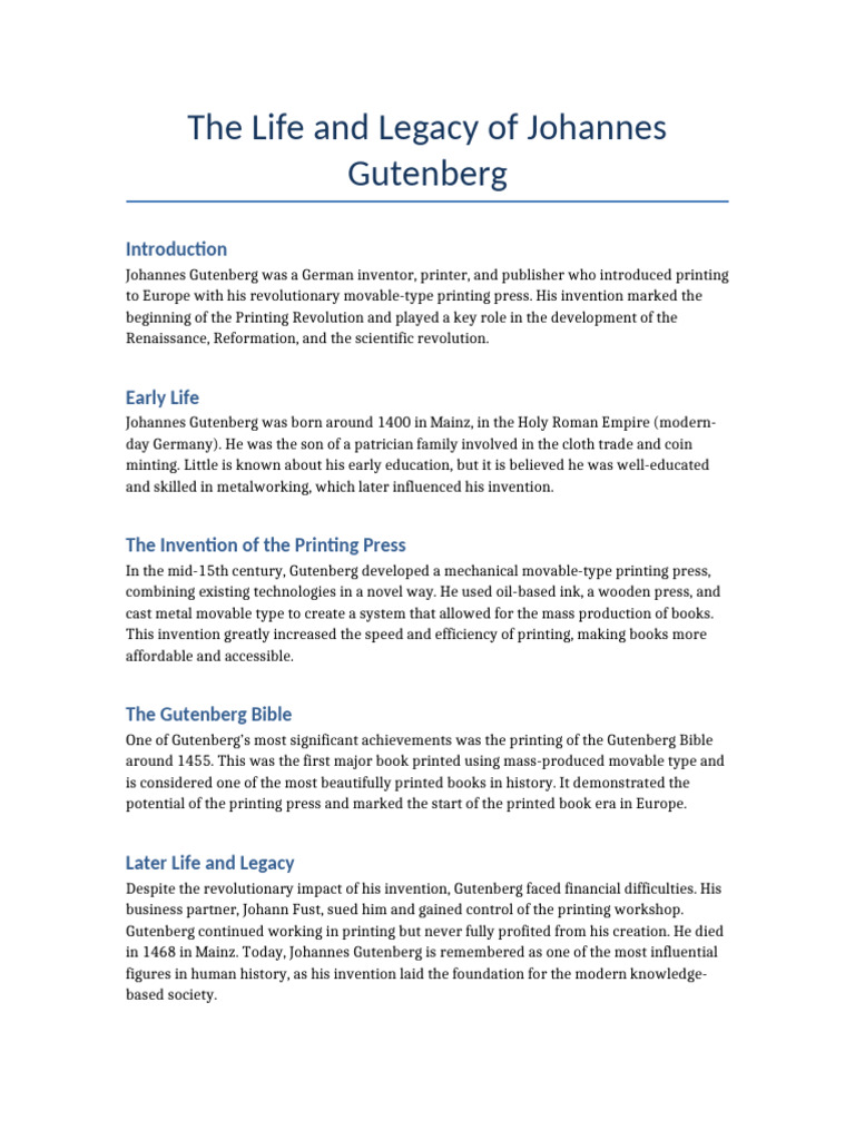 Biography of Johannes Gutenberg | PDF
