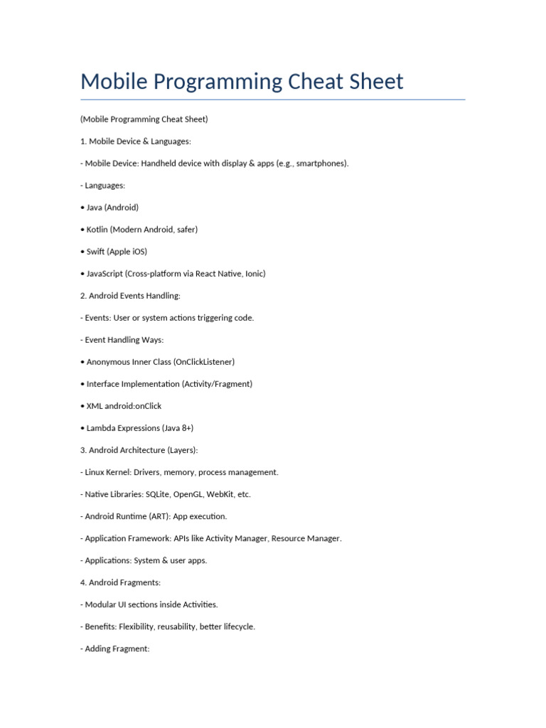Mobile Programming Cheat Sheet | PDF