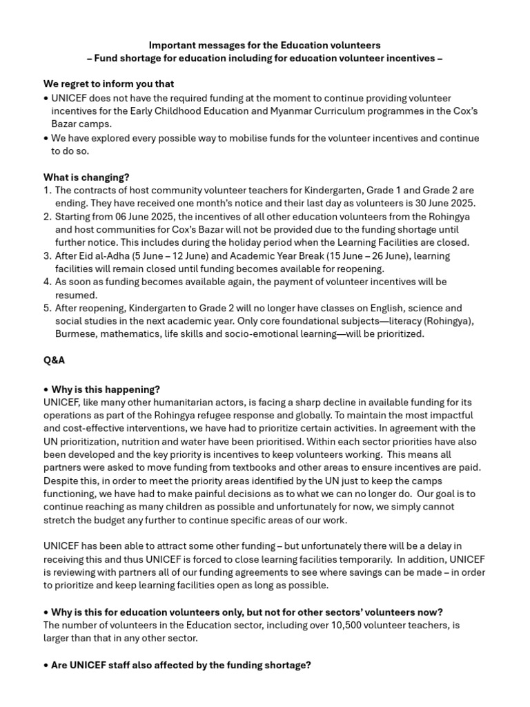 Important Messages For UNICEF Supported Education Volunteers - Final ...