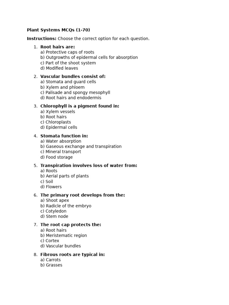Plant Systems MCQs for Study | PDF | Immune System | Blood