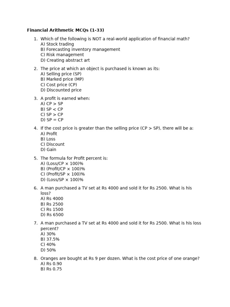 Class 7 Financial Arithmetic MCQs | PDF | Taxes | Prices