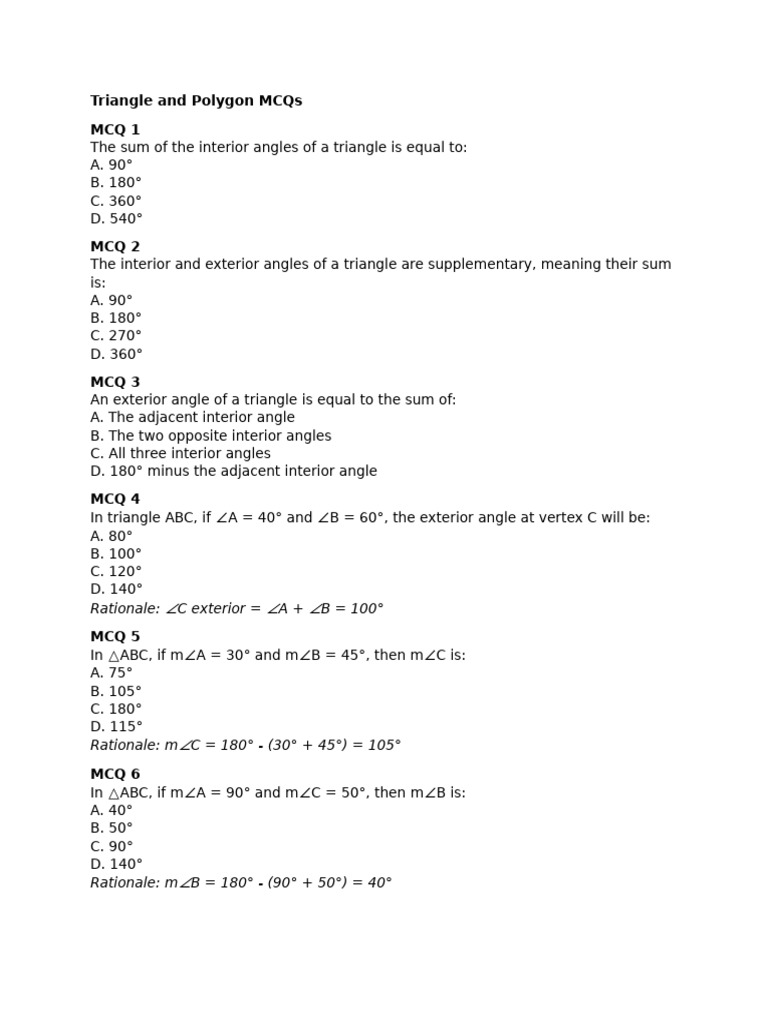 Triangle and Polygon MCQs for Class 7 | PDF | Triangle | Polygon