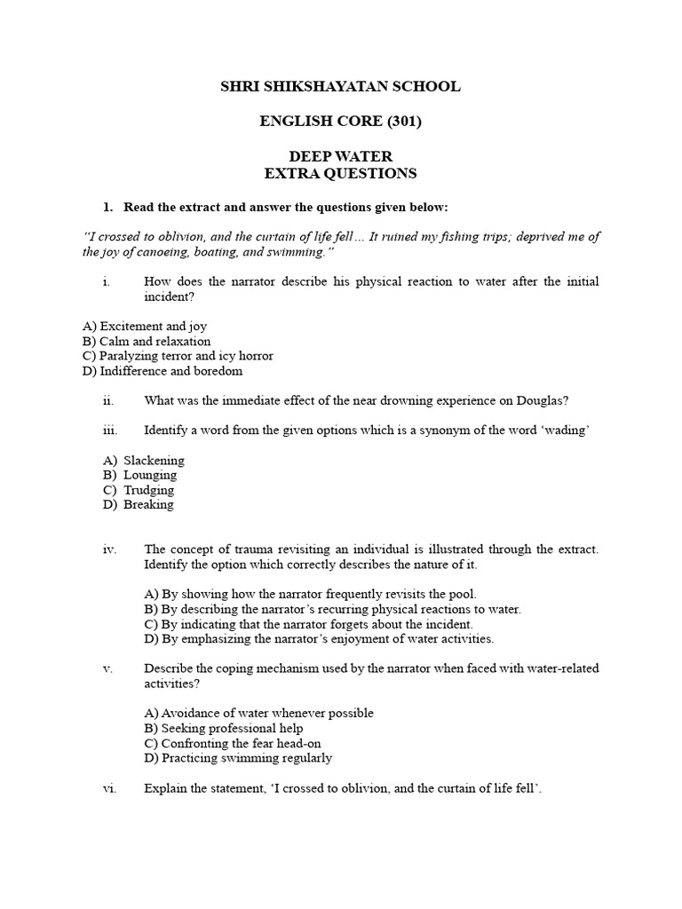 Deep Water Extra Questions | PDF | Mental Health | Psychological Concepts