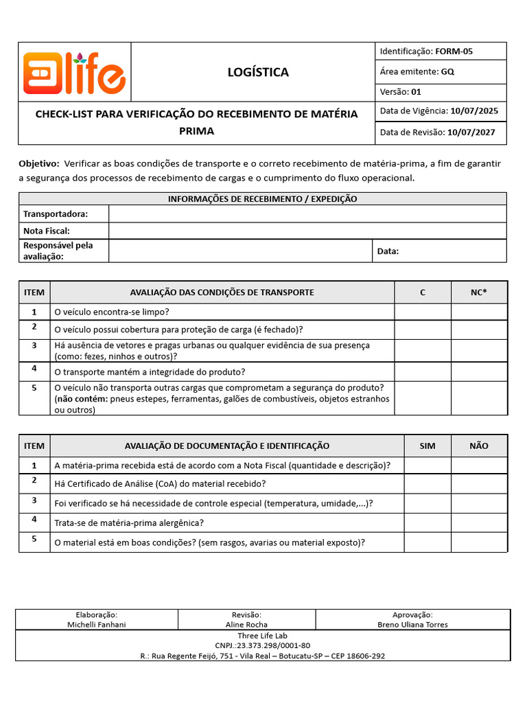 Check-list de Recebimento de Matéria-Prima | PDF