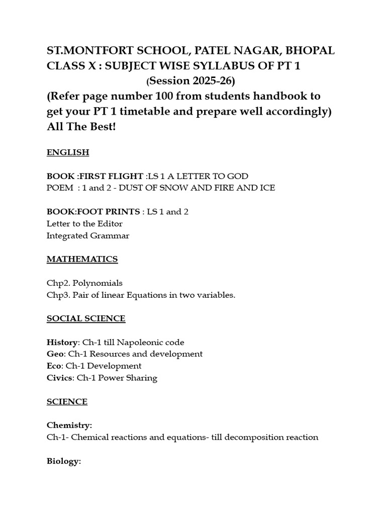 Consolidated Syllabus of PT 1 Class X | PDF