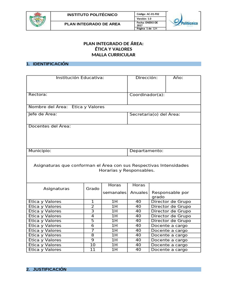 Plan de Área Ética 2024 | PDF | Aprendizaje | Moralidad