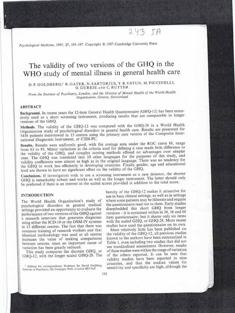 The Validity of Two Versions of The GHQ in The WHO Study of Mental Illness in General Health ...