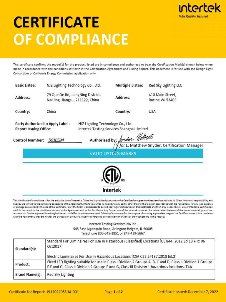 Certificate of Compliance Red Sky | PDF