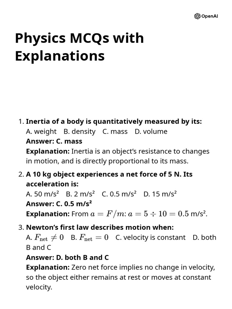 Physics MCQs With Explanations | PDF | Force | Weight