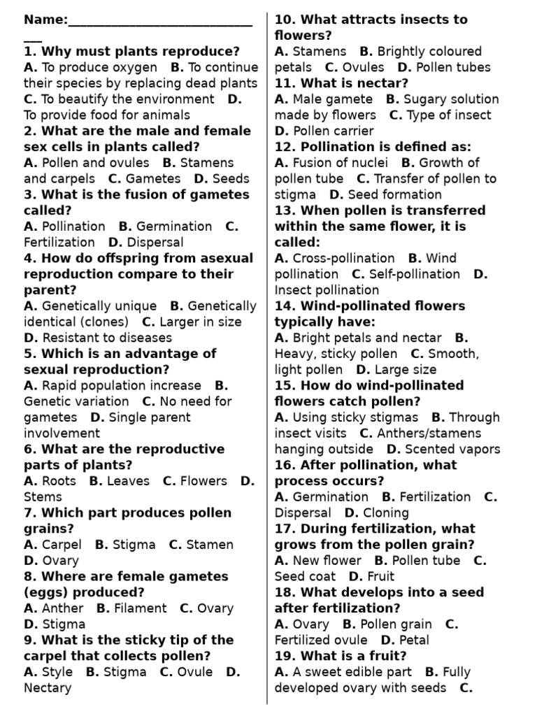 Plant Reproduction and Nutrition Quiz | PDF | Flowers | Pollination