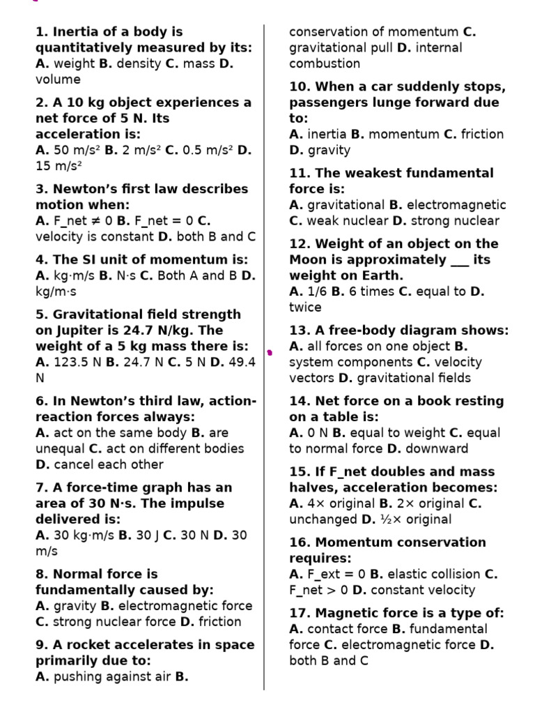 Class 9 Physics Chapter 3 MCQs | PDF | Force | Momentum