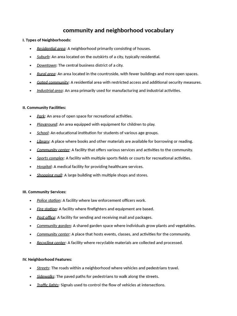 Community and Neighborhood Vocabulary | PDF | Pedestrian Crossing ...