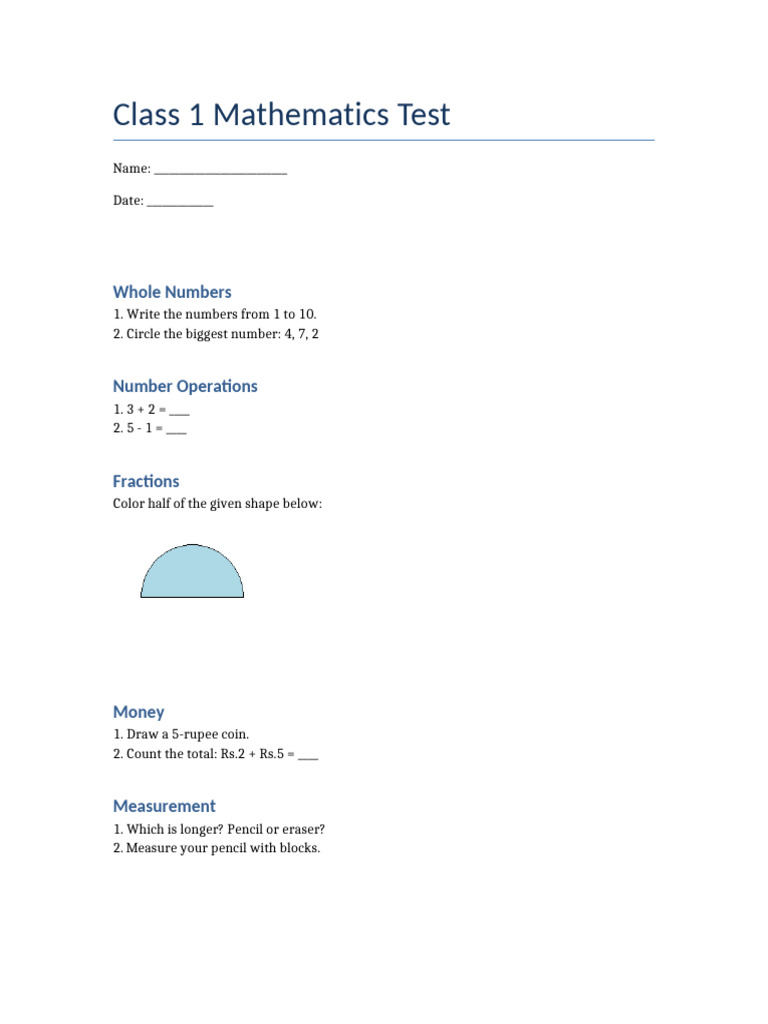 Class 1 Math Test Worksheet | PDF