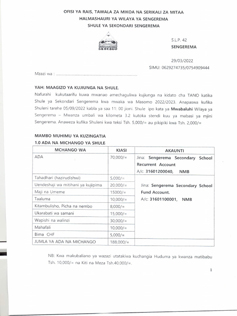 Sengerema Joining Instructions | PDF