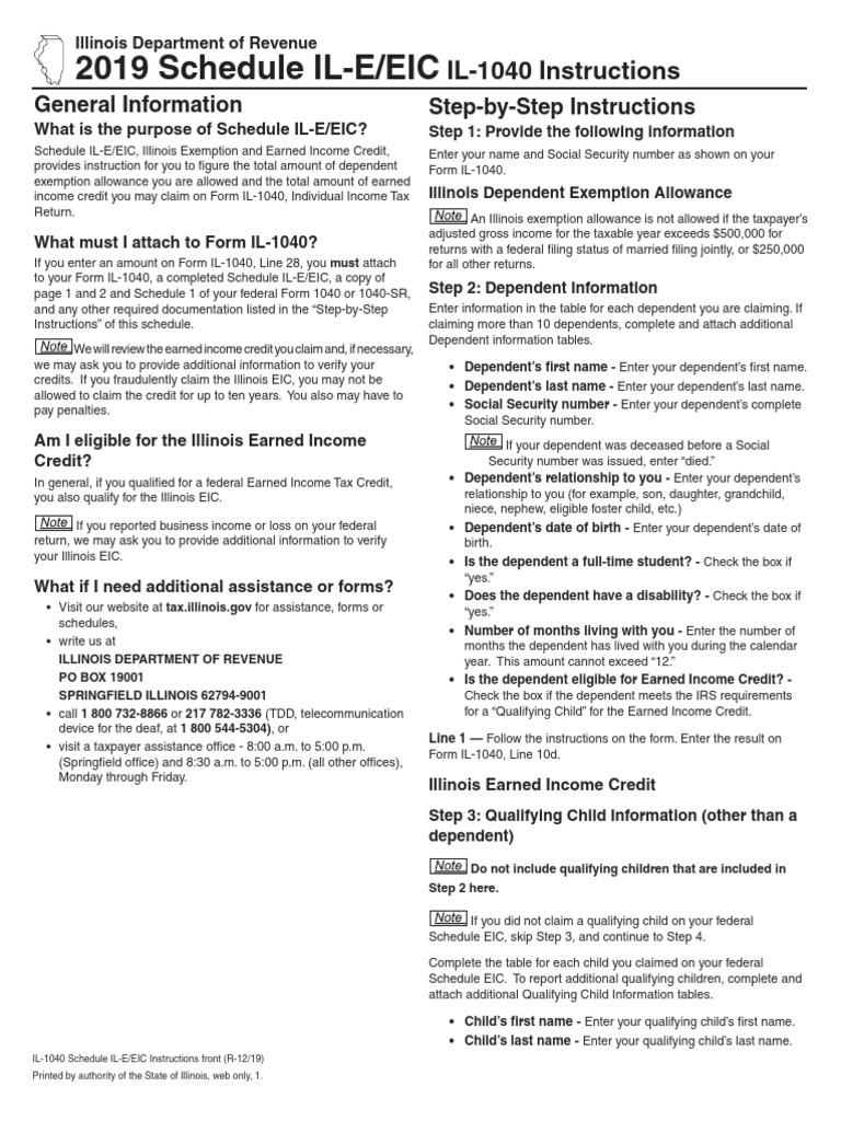 Il 1040 Schedule Il E Eic Instr Pdf Earned Income Tax Credit Economy Of The United States