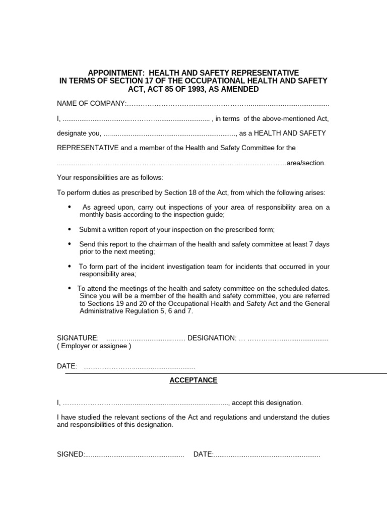 Appointment Letter. Health and Safety Representative | PDF