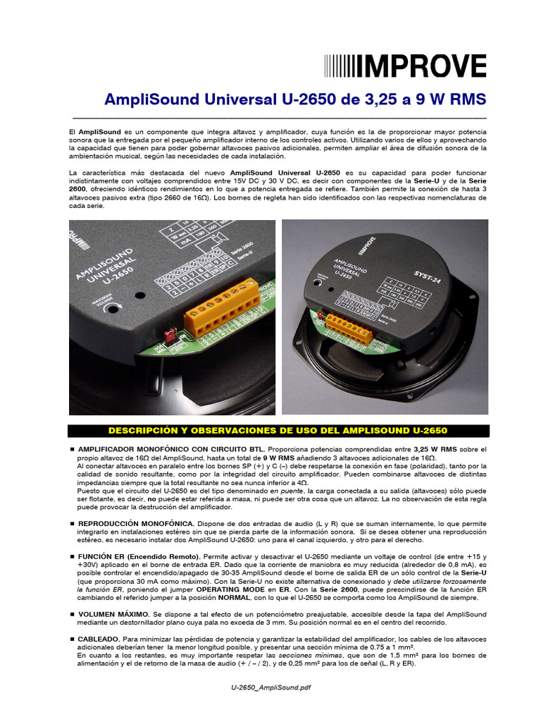 Amplificador AmpliSound U-2650: Especificaciones | PDF | Altoparlante ...