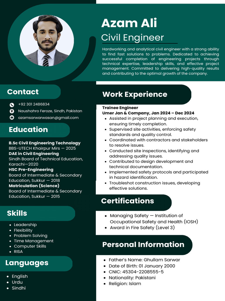 Azam Ali Civil Engineer CV | PDF | Pakistan