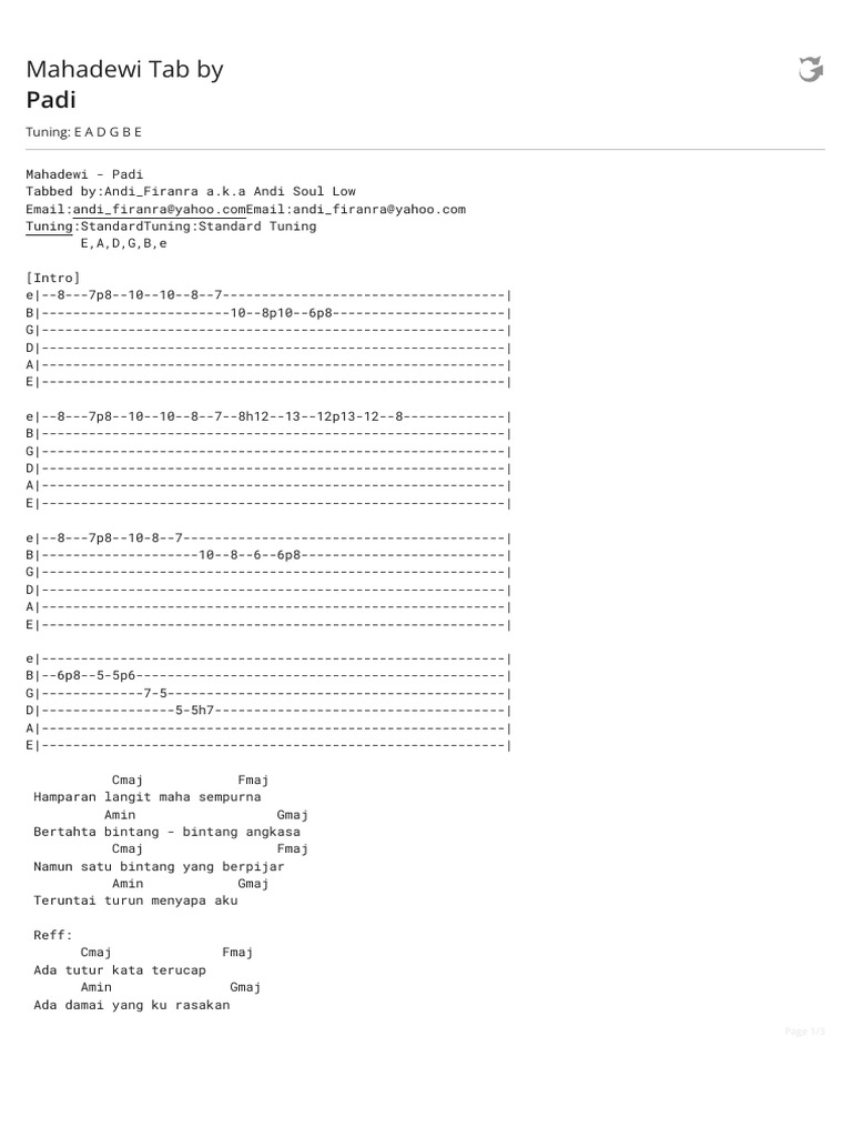 Tab dan Lirik Mahadewi - Padi | PDF