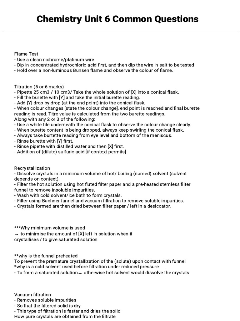 Chem U6 Common Questions | PDF | Filtration | Chemical Reactions