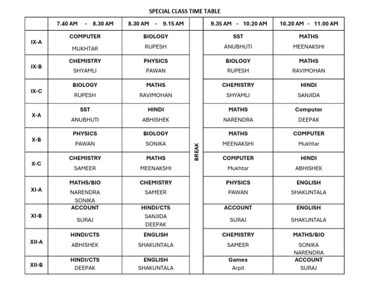 Special Class TimeTable-IX - XII | PDF