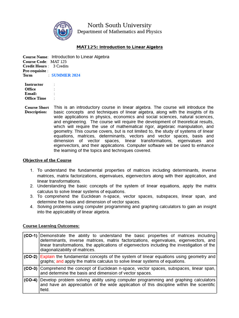 Course Outline MAT 125 SUMMER2024 | PDF | Linear Map | Eigenvalues And Eigenvectors