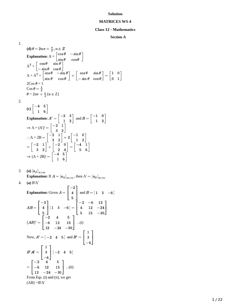 Matrices WS 4 Sol (Transpose of A Matrix) | PDF | Matrix (Mathematics) | Mathematics