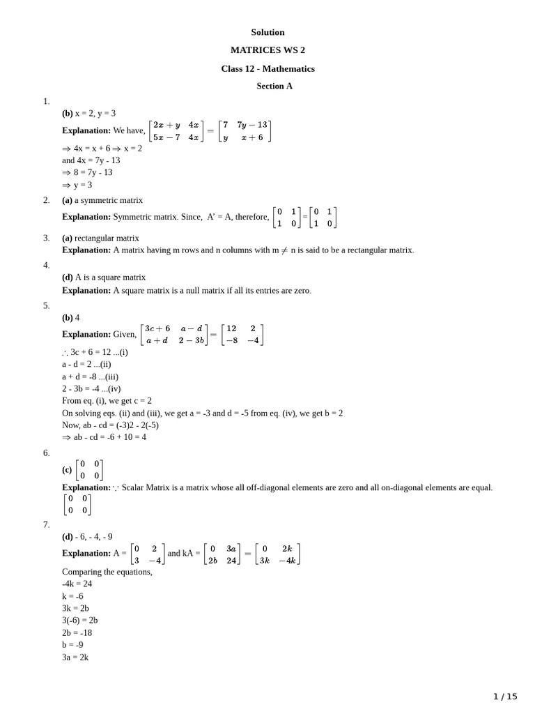 Matrices WS 2 Sol (Types of Matrices) | PDF | Matrix (Mathematics) | Functions And Mappings