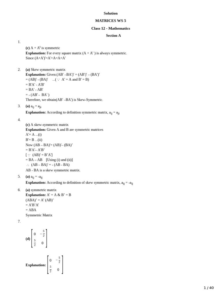 Matrices WS 5 Sol (Symmetric and Skew Symmetric Matrices) | PDF | Matrix (Mathematics) | Algebra