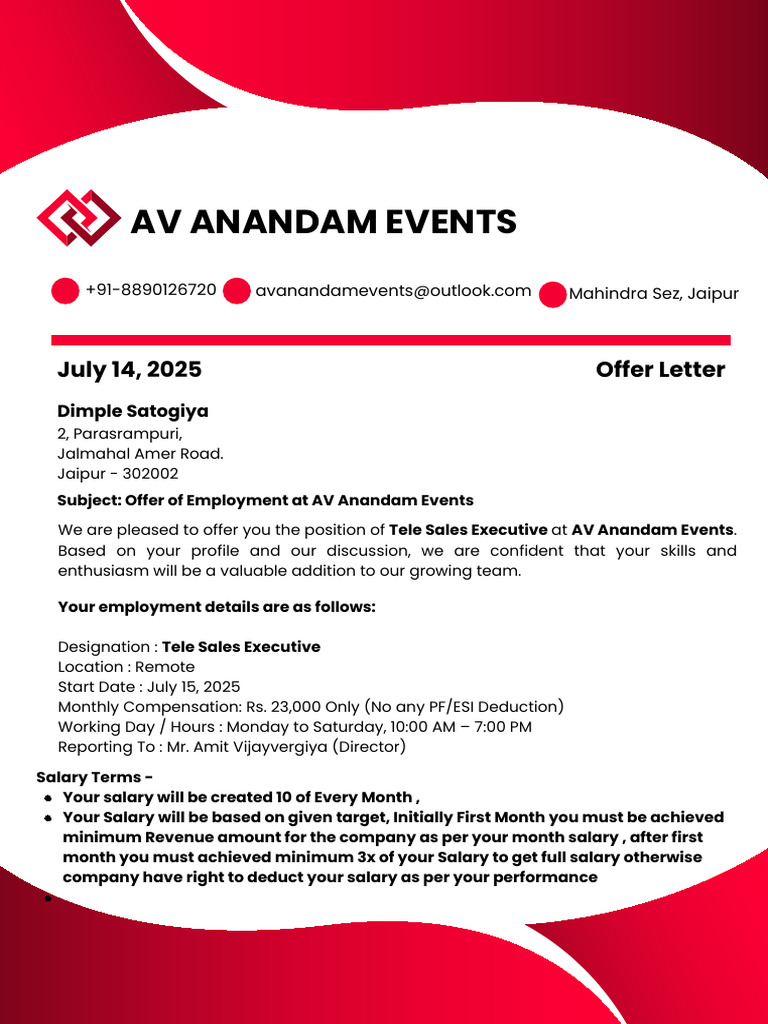 Tele Sales Executive Job Offer at AV Anandam | PDF