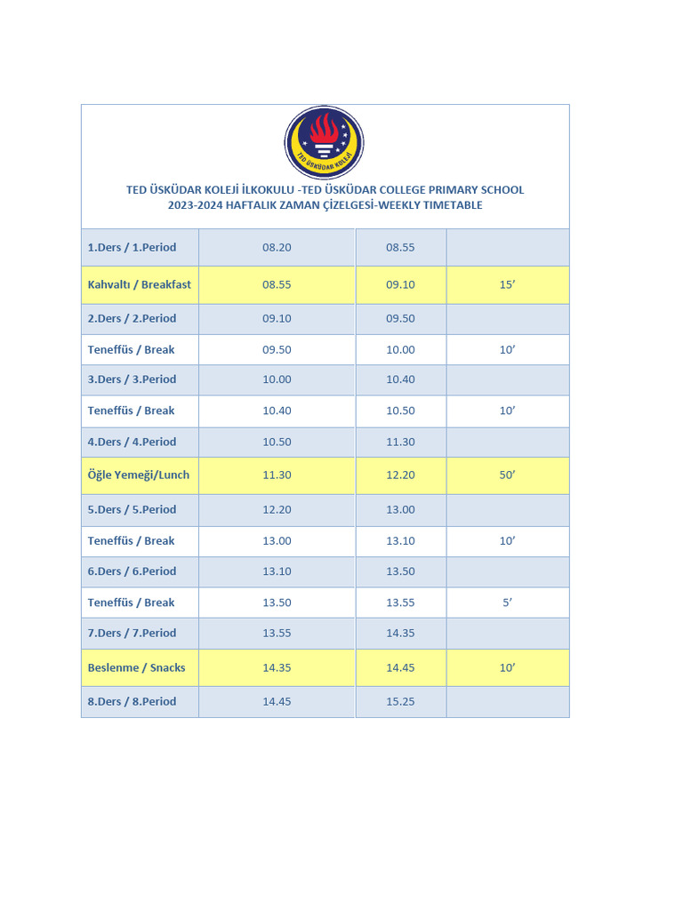 TED Uskudar Koleji Ilkokul Zaman Cizelgesi | PDF