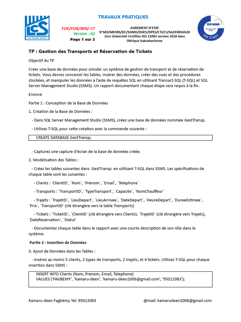 TP Gestion de Transport et Réservations | PDF | Microsoft SQL Server | SQL