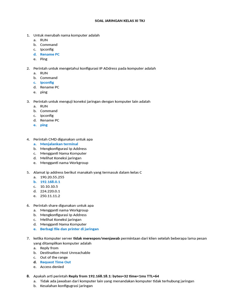 Soal Jaringan Kelas Xi TKJ | PDF