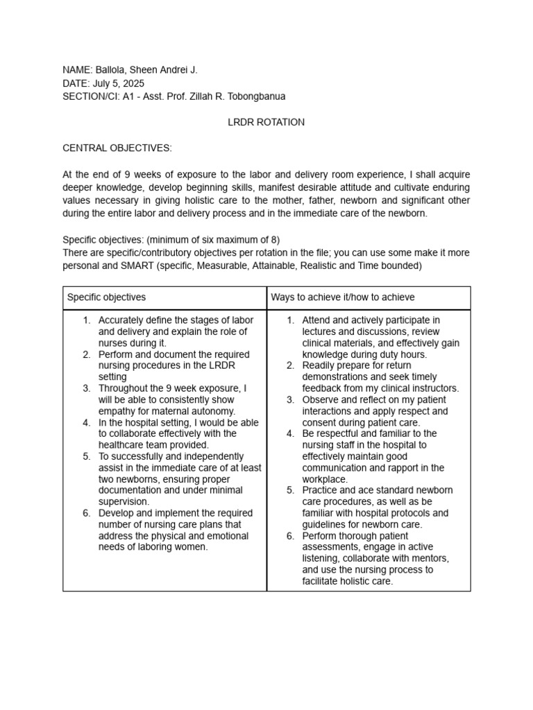 Labor and Delivery Room Objectives | PDF | Nursing | Hospital