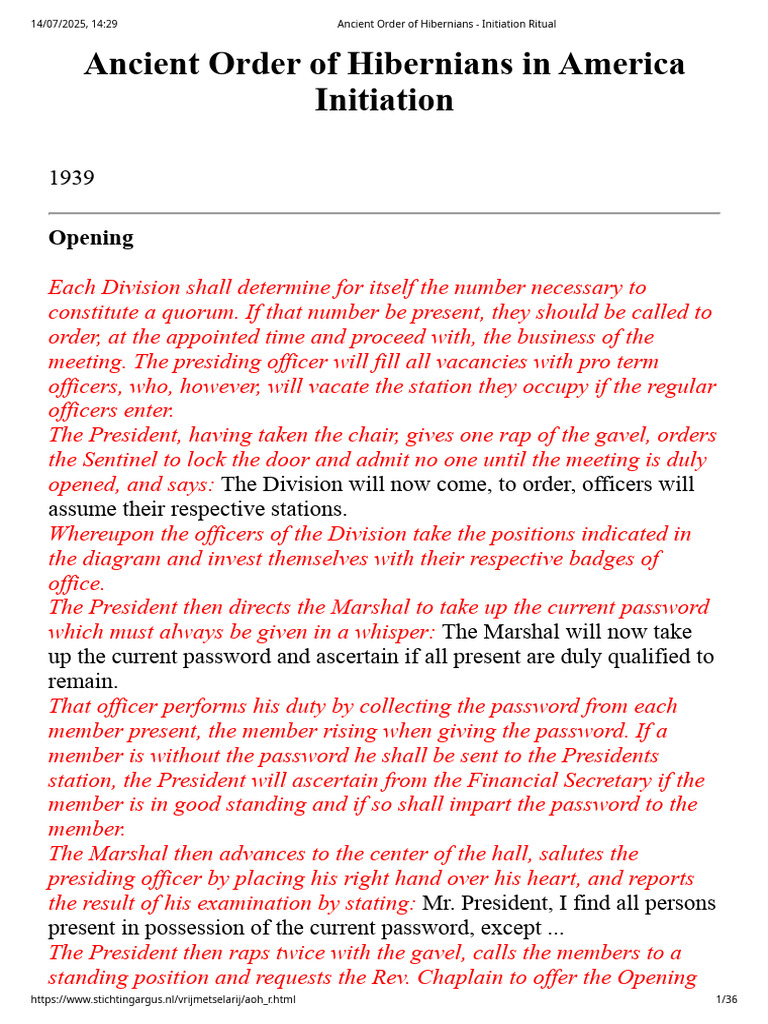 Ancient Order of Hibernians - Initiation Ritual | PDF
