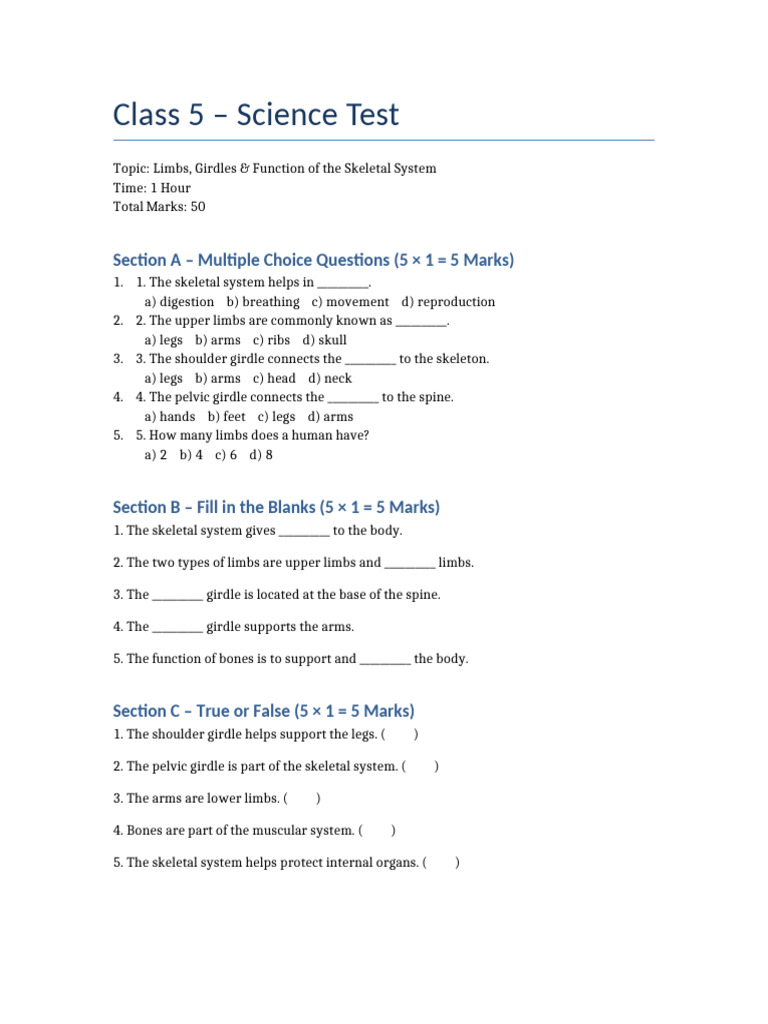 Class5 Science Test Limbs Girdles | PDF